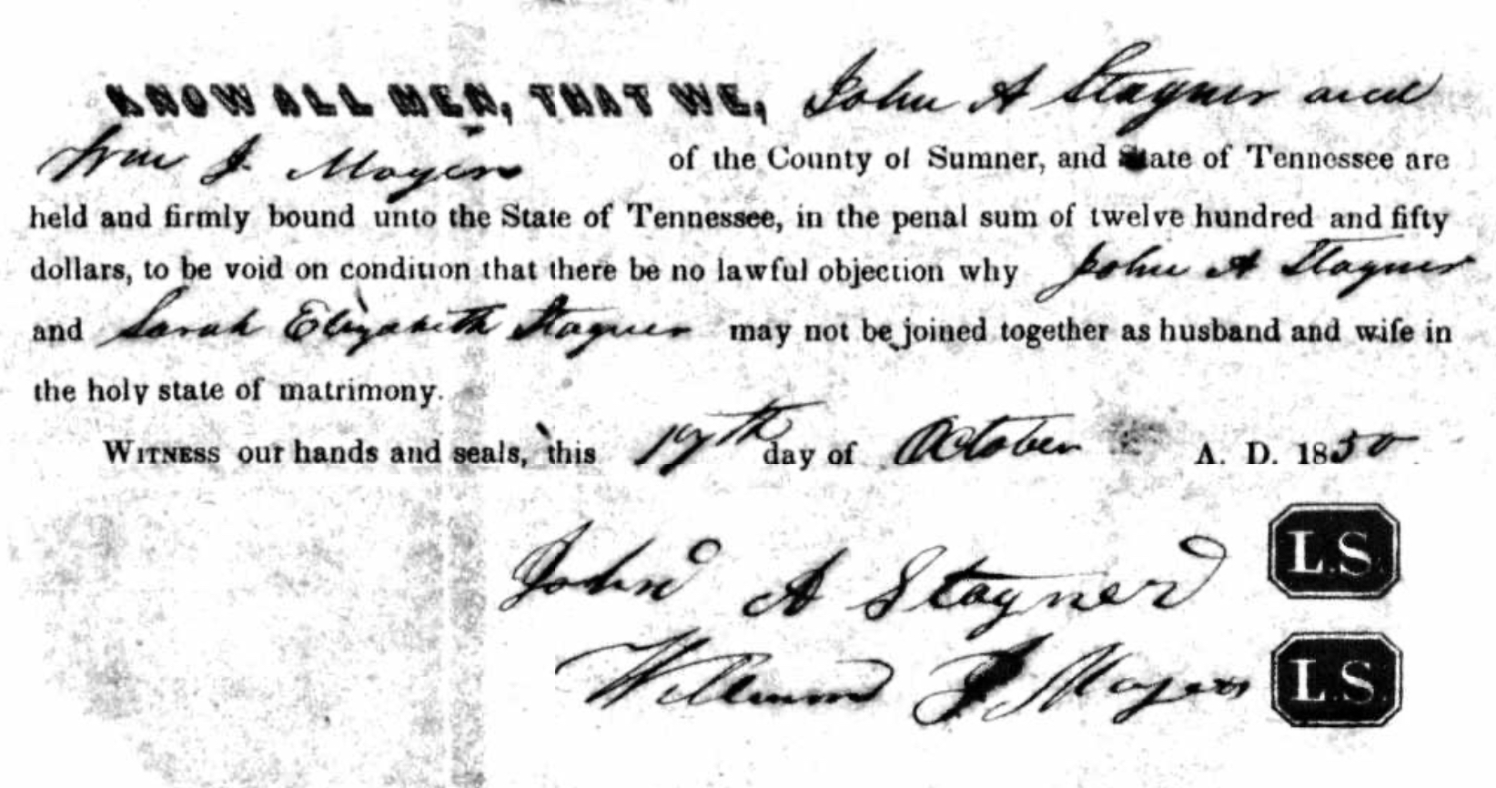John A. Stagner & Sarah Elizabeth Stagner marriage in Sumner County, TN ...